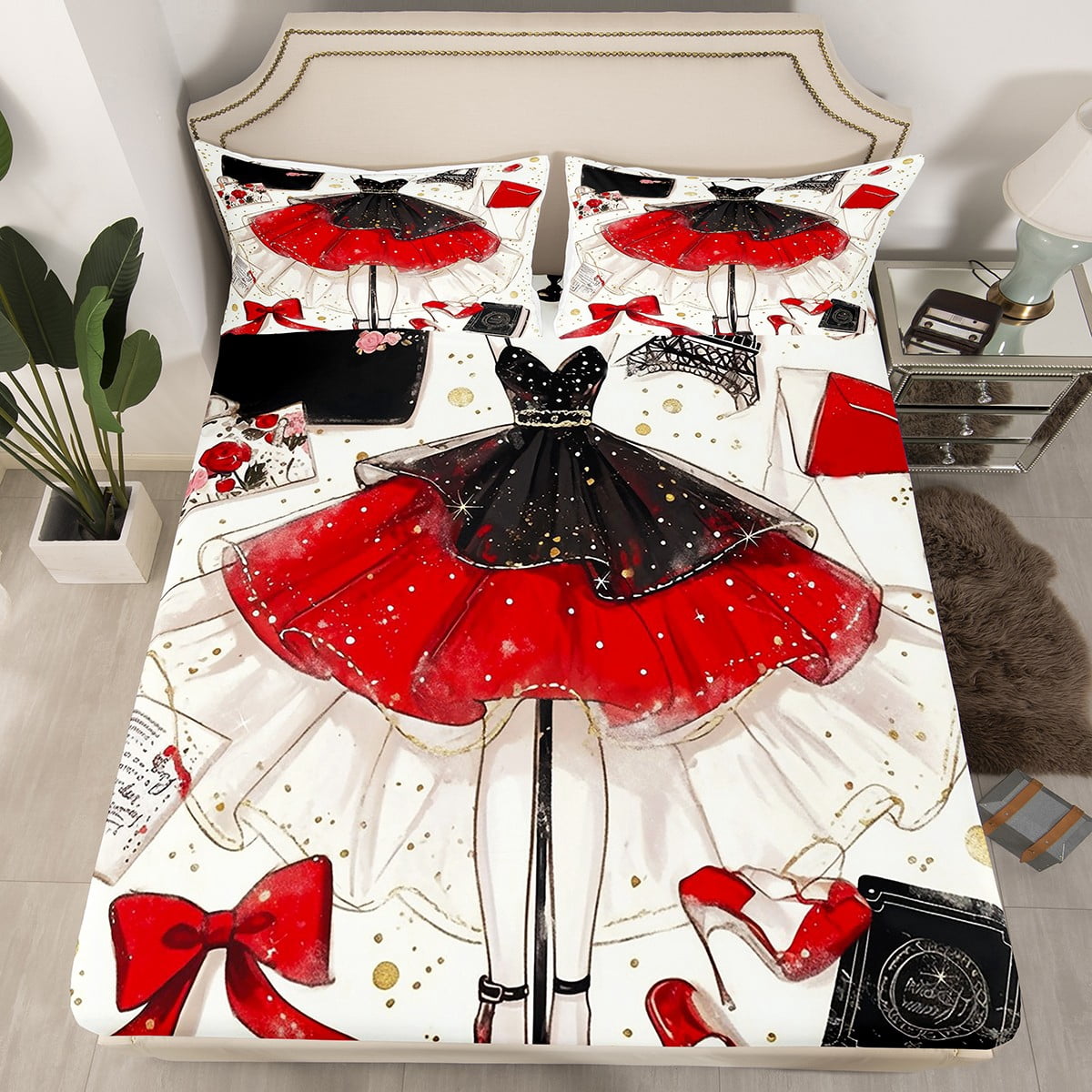 Fashion Dress Fitted Sheet Full Black Red Girly Dress Bed Sheets Golden ...