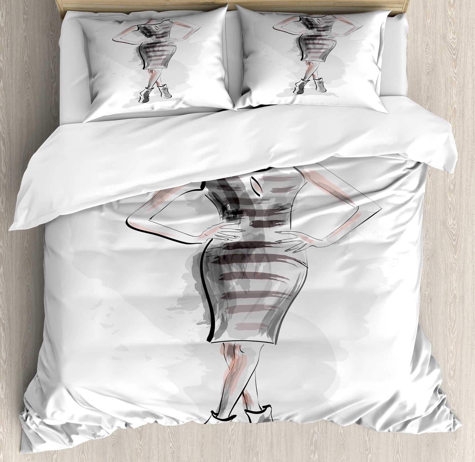 Fashion Duvet Cover Set, Watercolor Sketchy Drawn Slender Lady in a ...