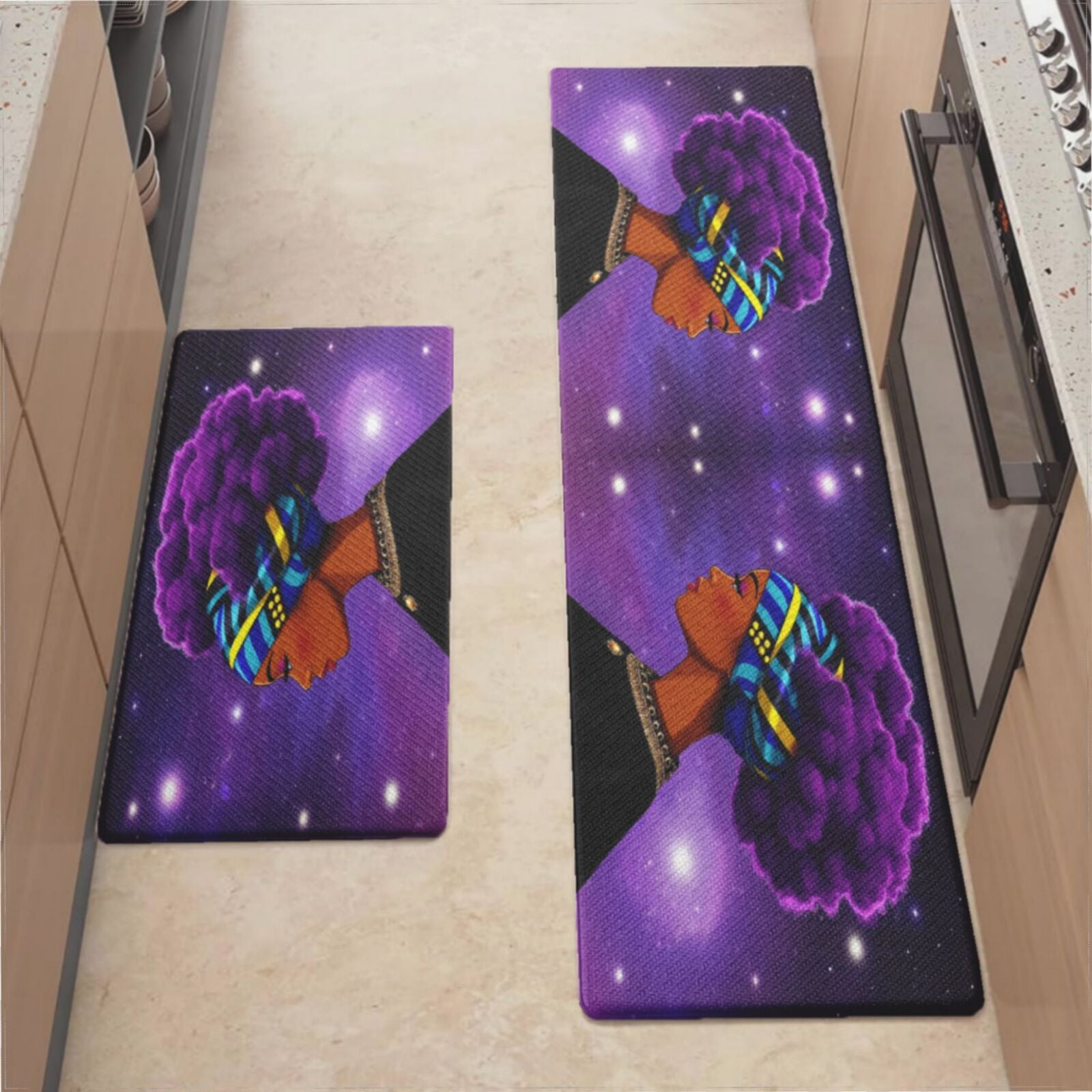 Fashion Elegant Afro Black Girl Pvc Kitchen Mat Runner 2 Pieces Non ...