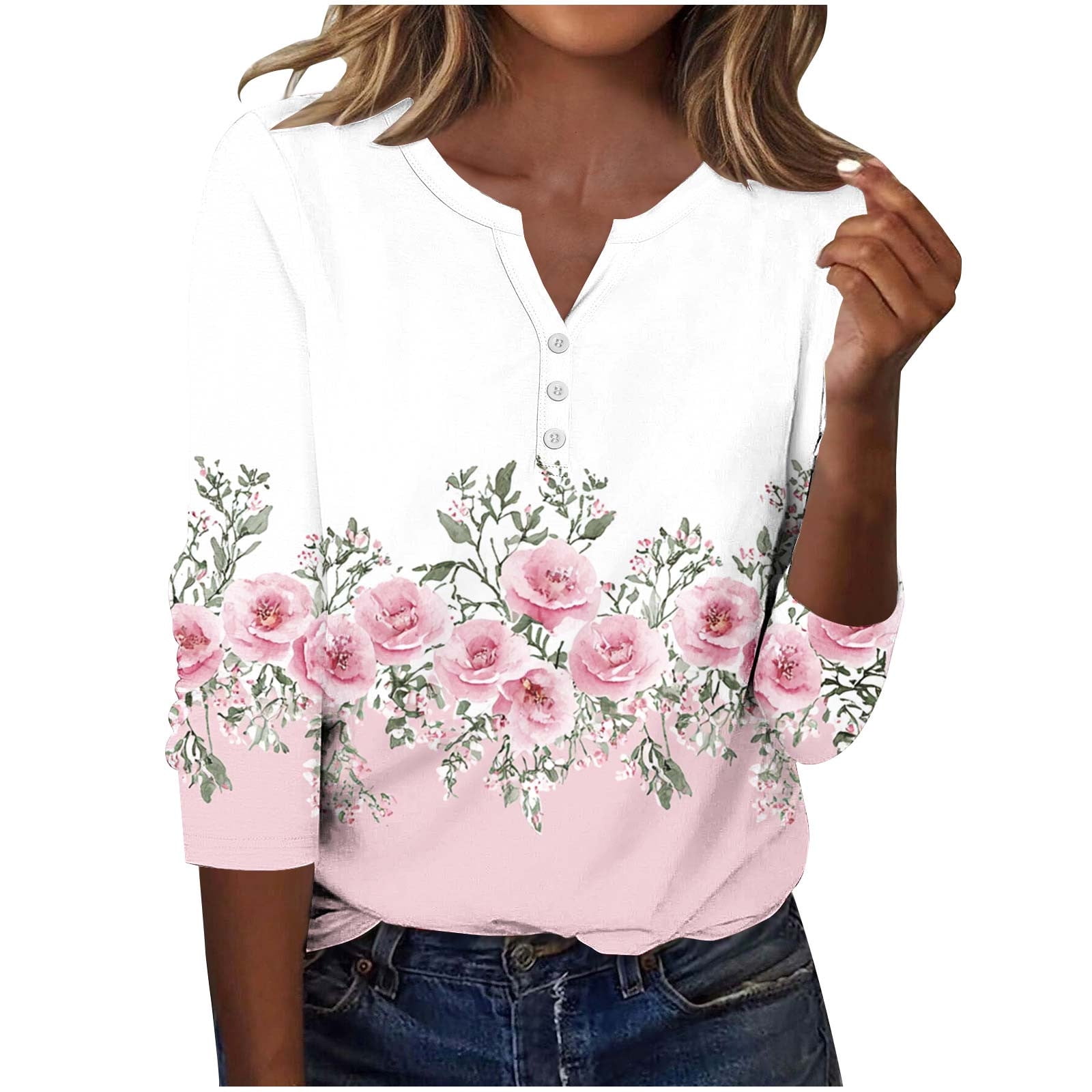 LiMoi Women's 3/4 Sleeve V Neck Floral Top with Vintage Flower Print ...