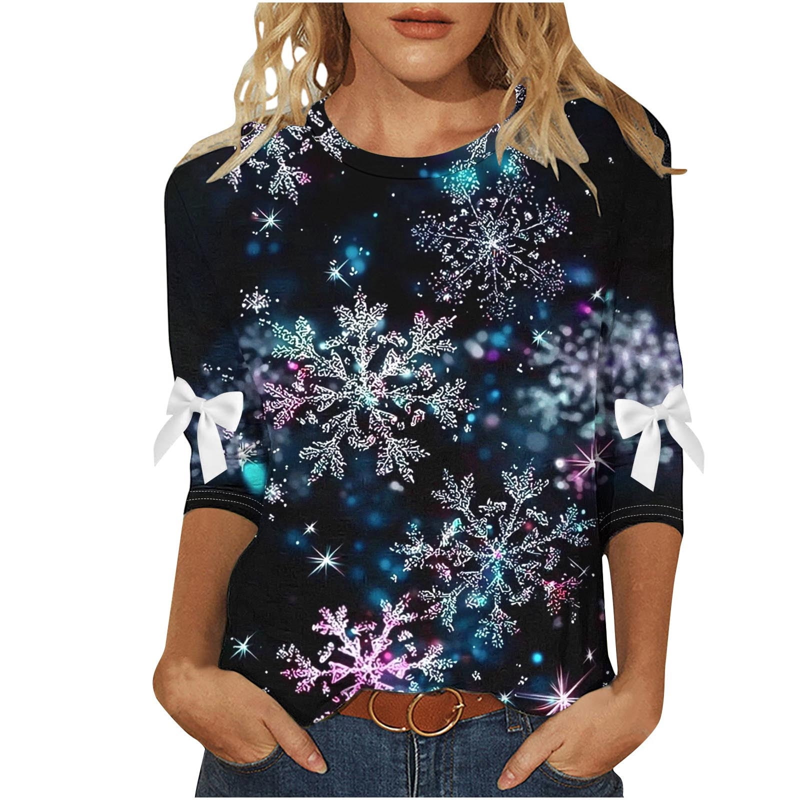 LiMoi Women's Christmas Snowflake Print 3/4 Sleeve Round Neck Casual ...