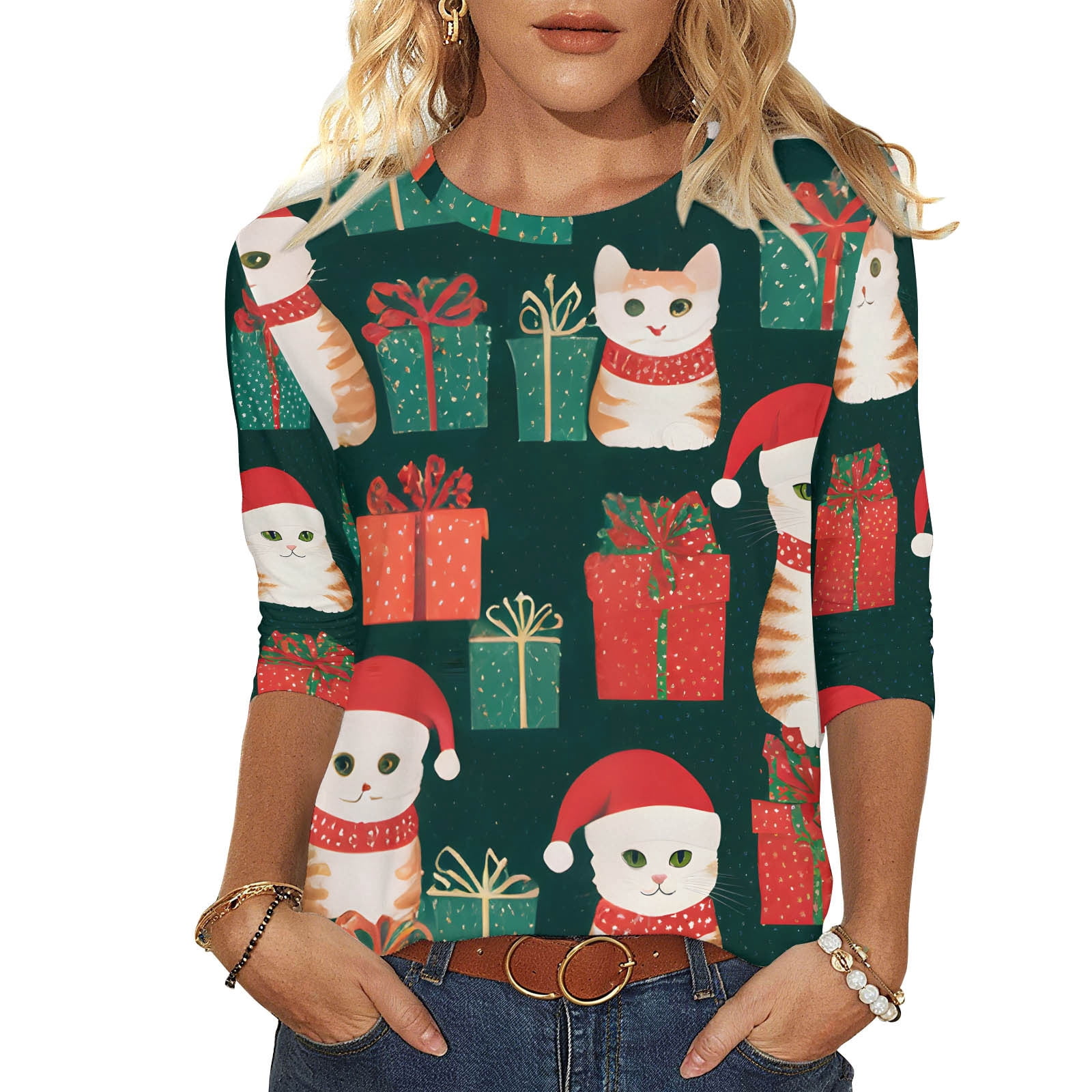 LiMoi Women's Xmas Print Round Neck Blouse Three Quarter Sleeve Loose ...