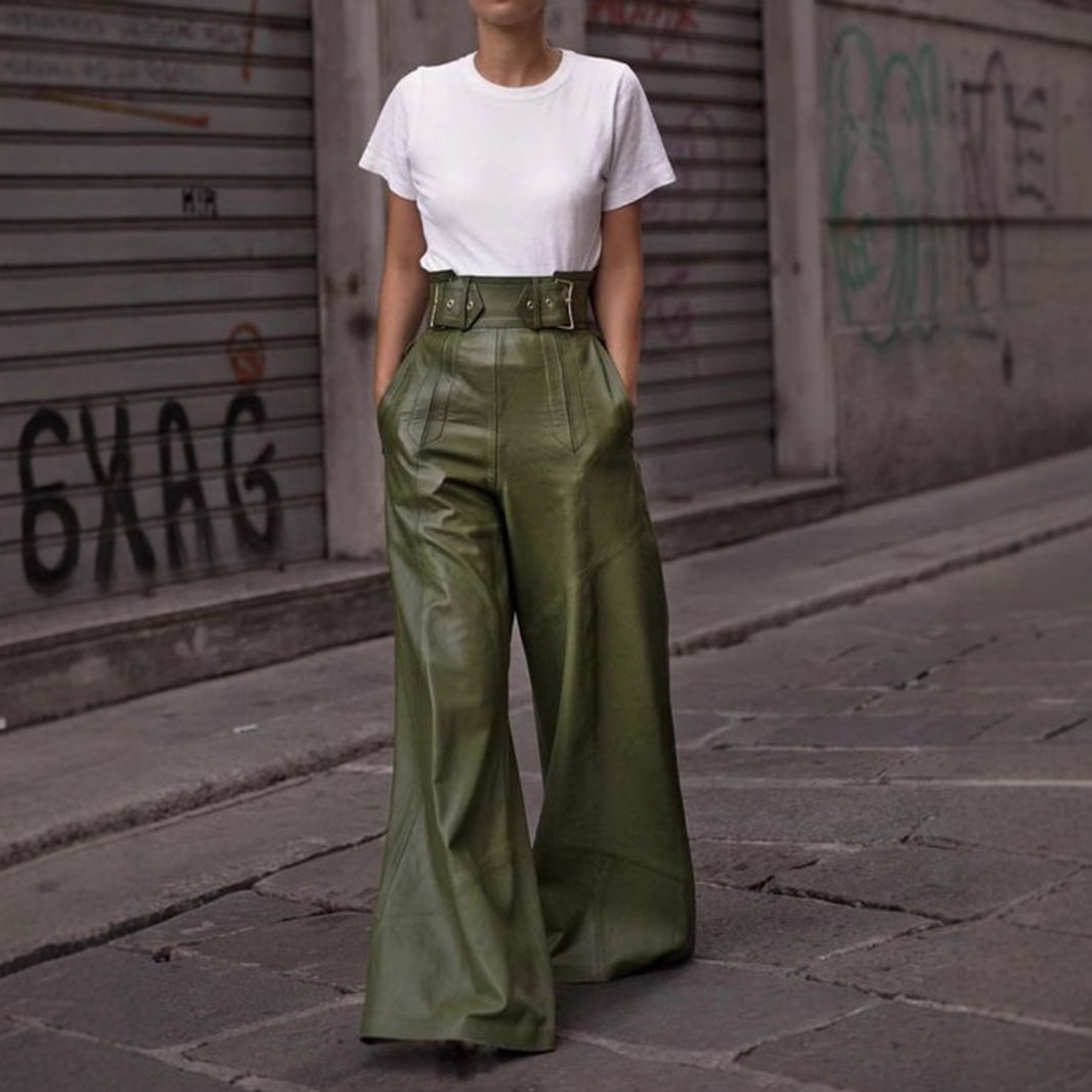 Fashion Faux-Leather Wide Leg Pants (S, DarkOliveGreen) - Walmart.com