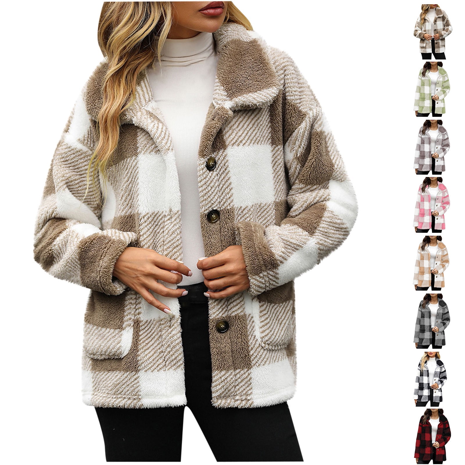 Fashion Fleece Plaid Jackets for Womens Plus Size Lapel Double Sided ...