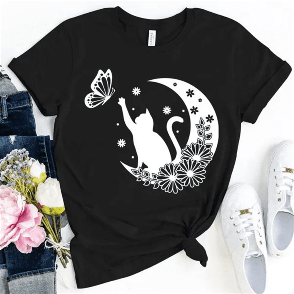 Fashion Floral Cat Print T-Shirt Casual Short Sleeve Graphic Tee Shirt ...