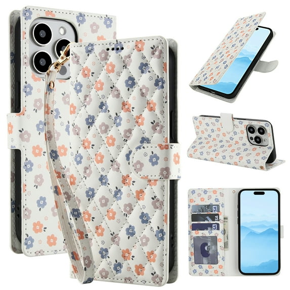 Fashion Floral Flip Cover Phone Case with Card Slots and Wrist Strap ...