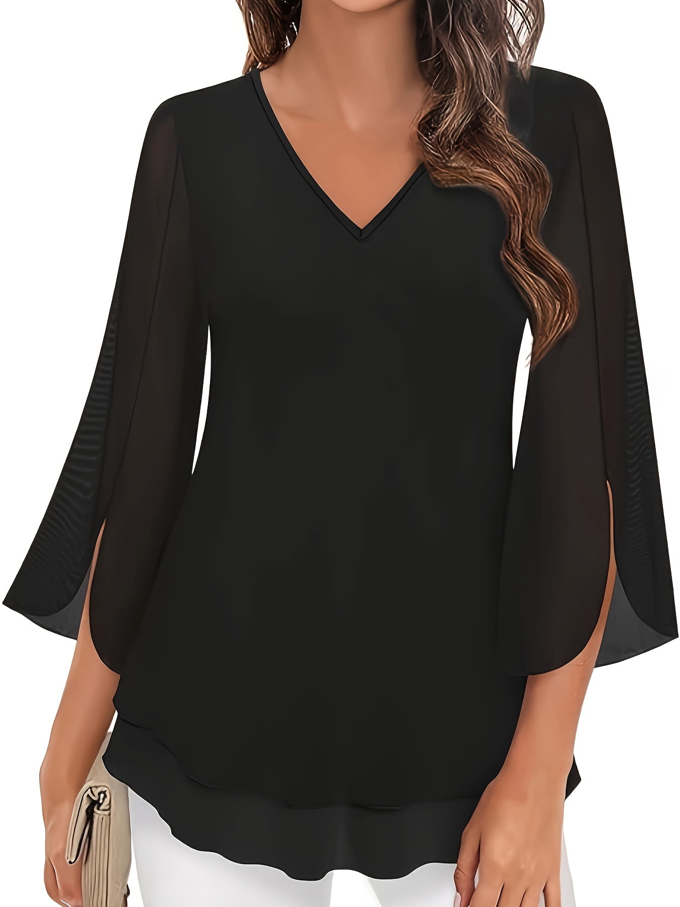 Vibrant V-Neck Blouse for Women - Elegant Split Sleeves with Layered ...