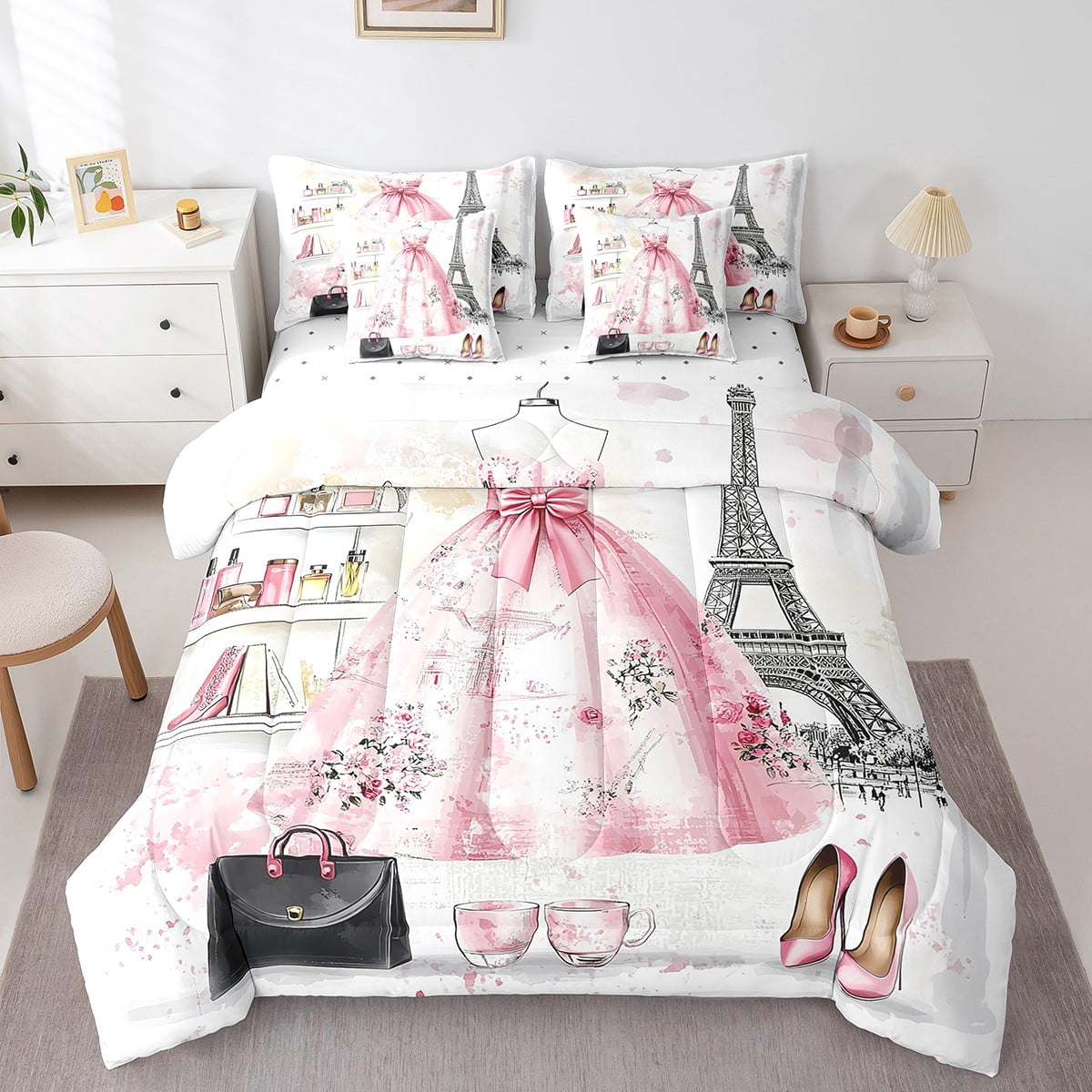 Fashion Girly Dresses Bedding Sets 7 Piece Modern Black White Polka ...