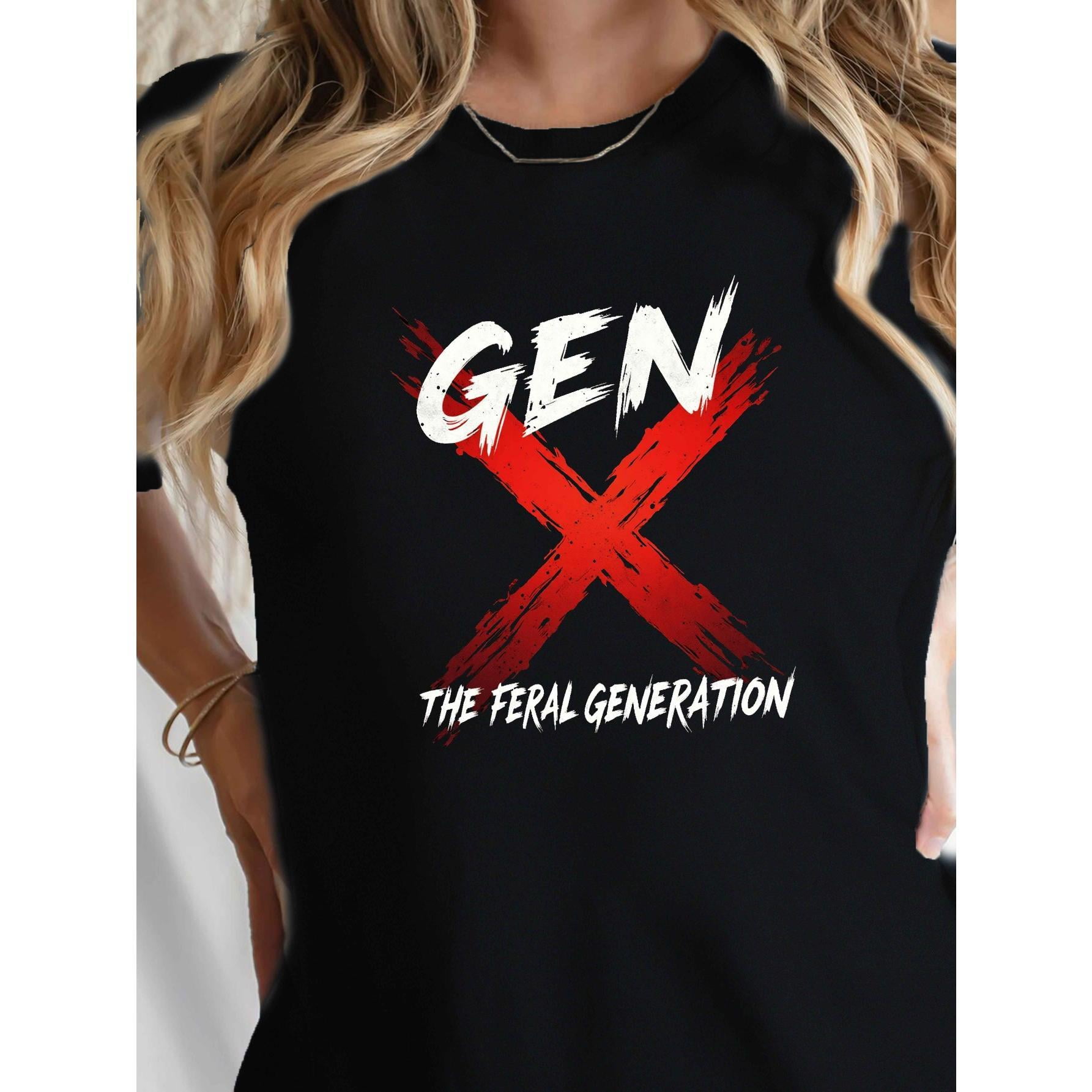 Fashion Graphic Tee,Tops Has"Gen Feral Generation"Letter Pattern,Round ...