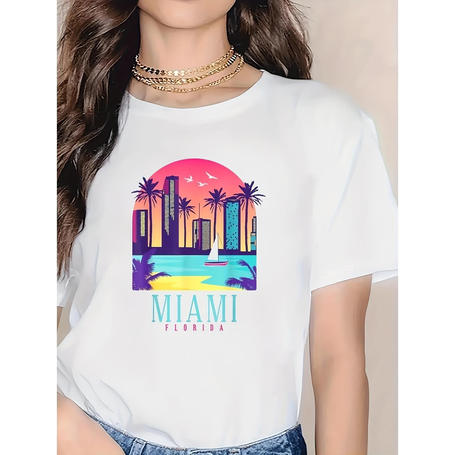 Fashion Graphic Tee,Tops Has"Miami Florida"Text With Palm Trees and ...