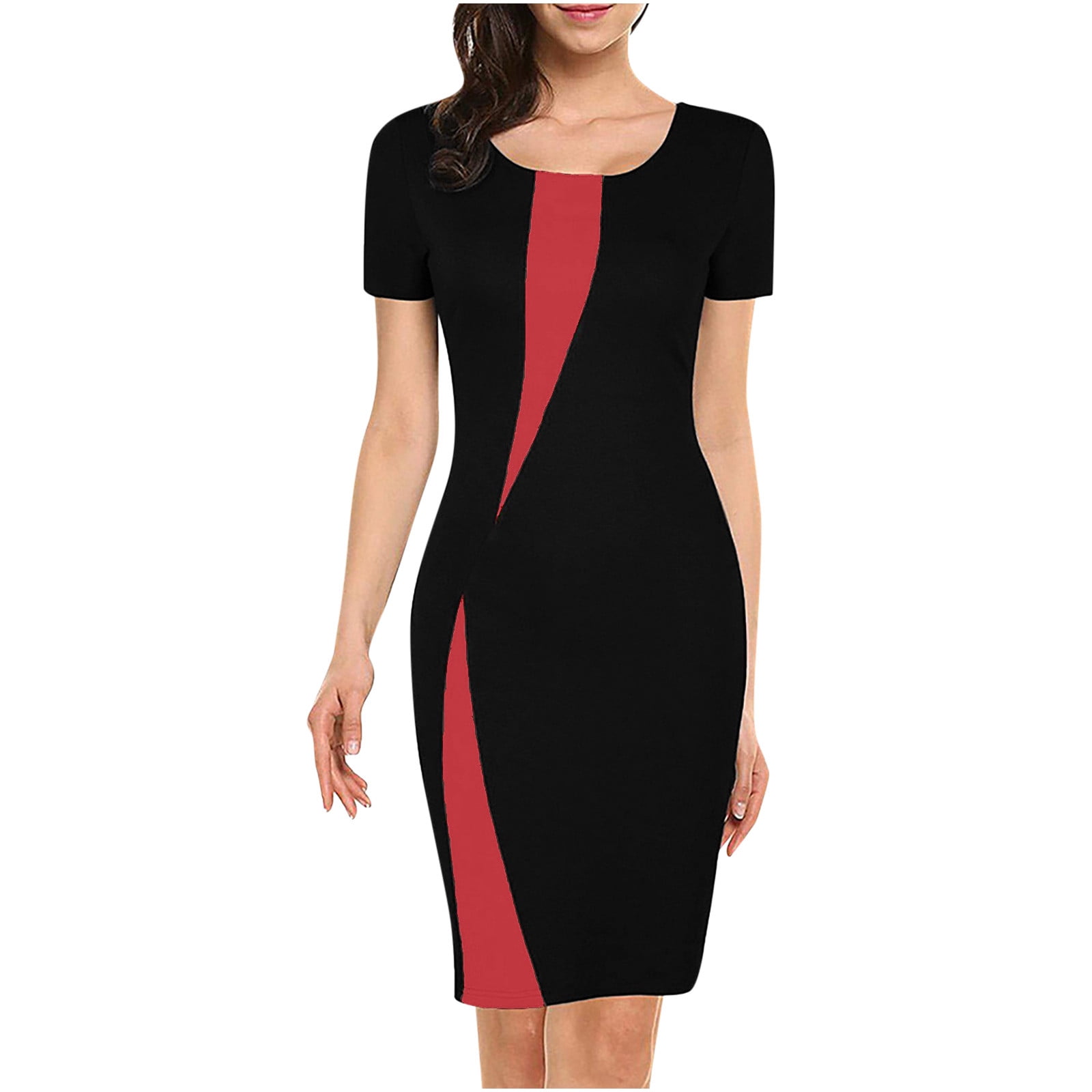 Fashion HTNBO Womens Formal Bodycon Midi Dress Short Sleeve Crew Neck ...