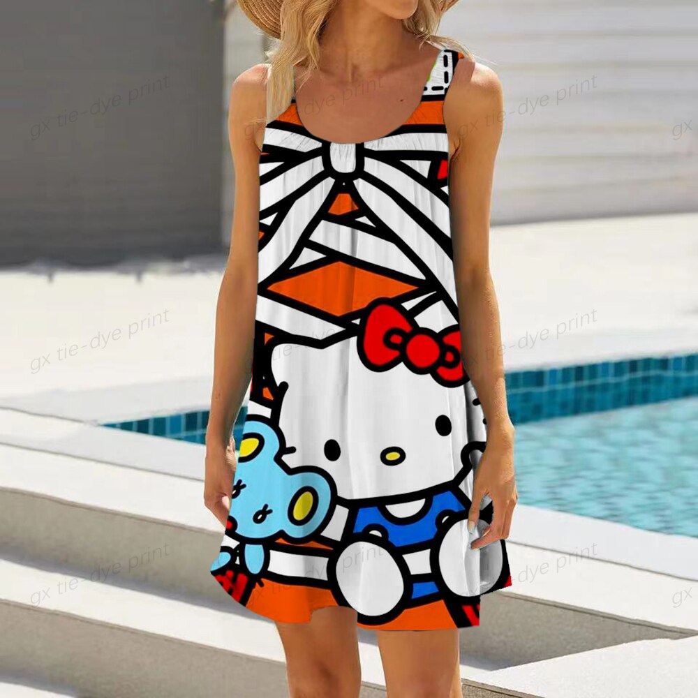 Fashion Hello Kitty Print Dresses Women 2023 Summer Casual Loose Beach ...