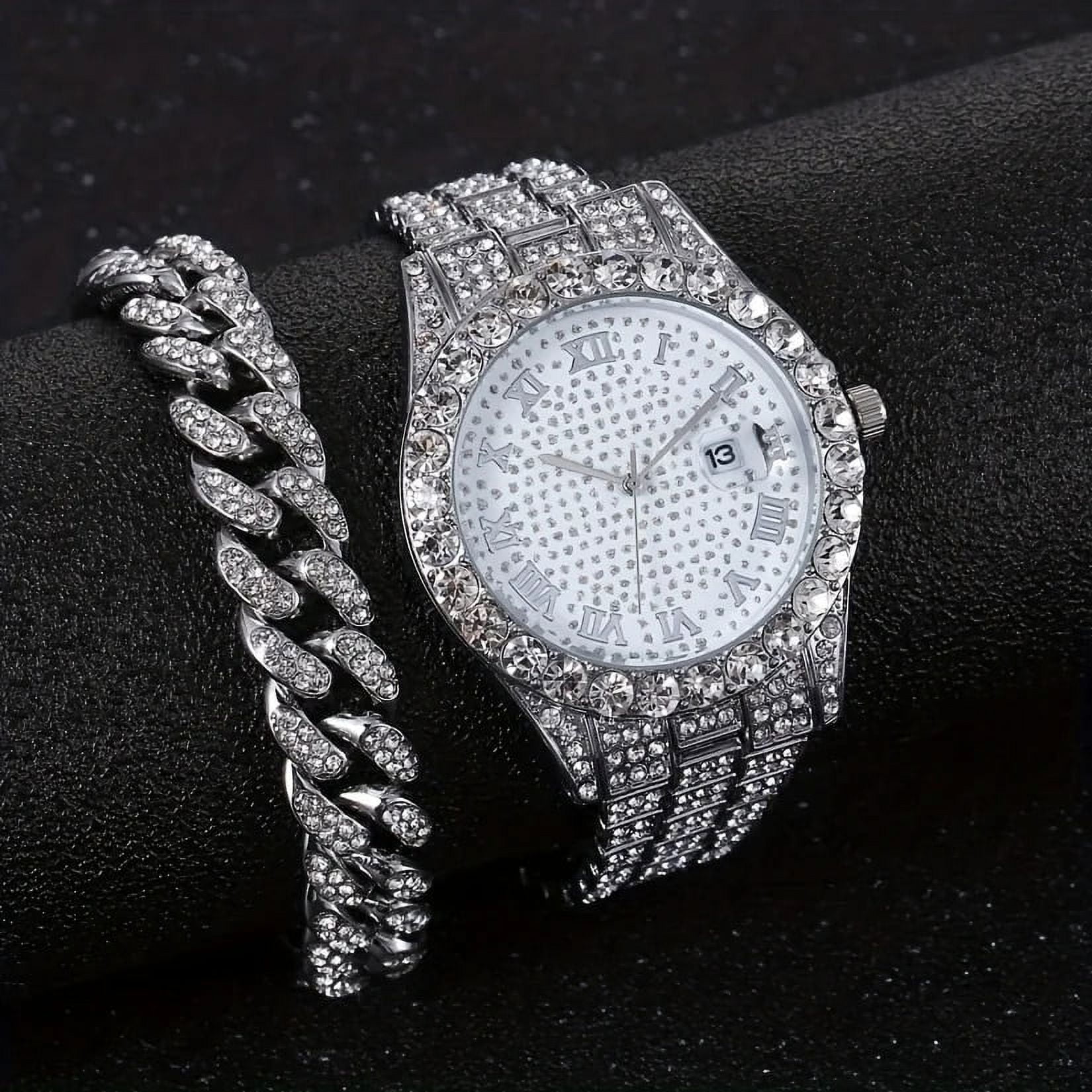 Fashion Hip-hop Cuban Bracelet & Men's Steel Band Faux Diamond Watch ...