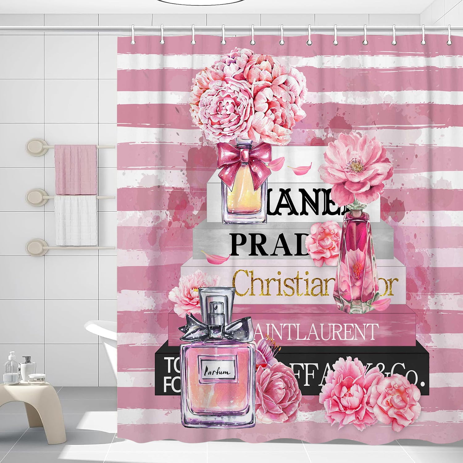 Fashion Hot Pink Shower Curtain, Perfume Flower Luxury Girly Shower ...