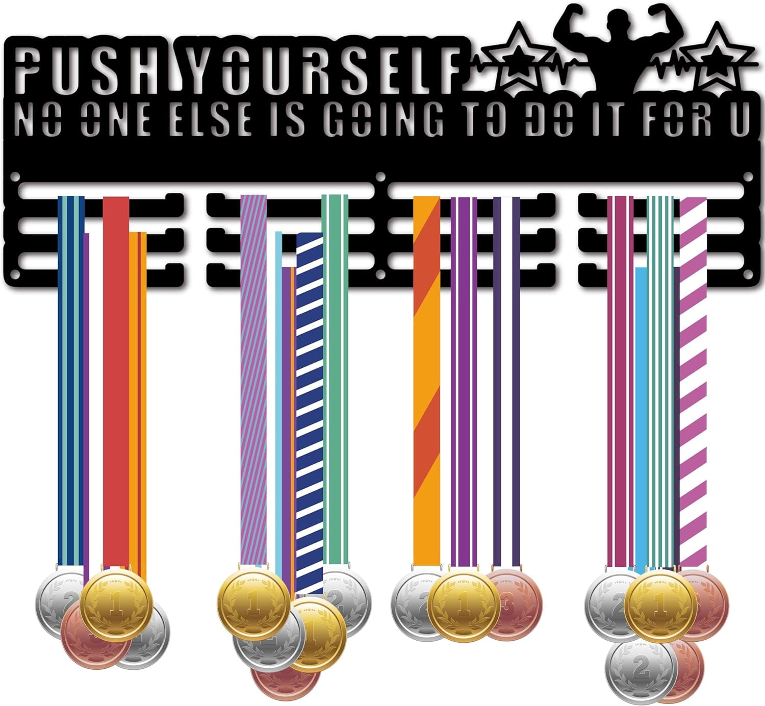 Fashion Iron Medal Hanger Holder Display Wall Rack 3-Line with Screws Black Inspiring 150x400mm ...