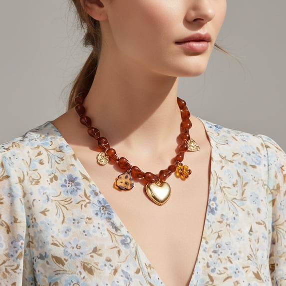 Fashion Irregular Resin Splicing Heart Flower Pendant Necklace Creative ...