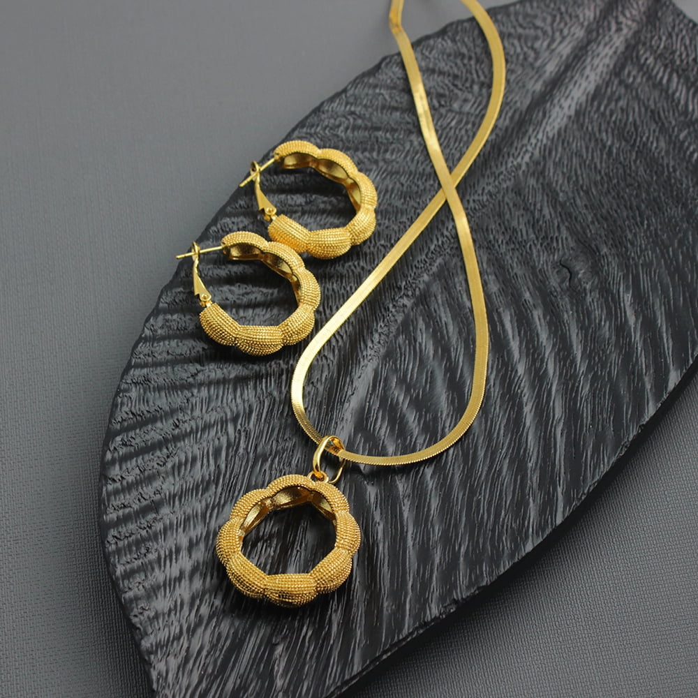 Fashion Jewelry Bohemia Jewelry Sets For Women 14K Yellow Gold Earrings Necklace Pendant Flower ...