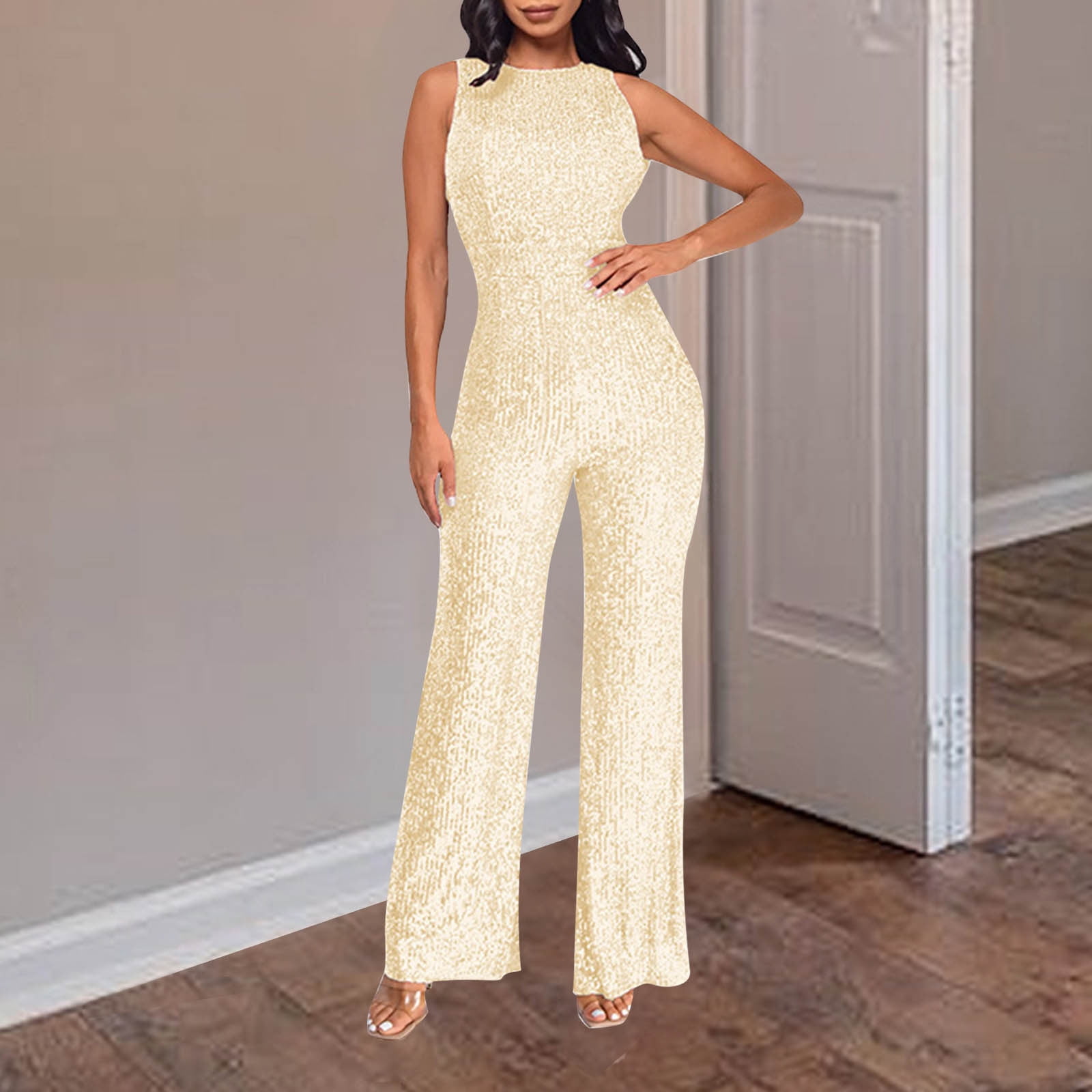 Fashion Jumpsuit for Women Sequin Sparkly Crewneck High Waist Jumper ...