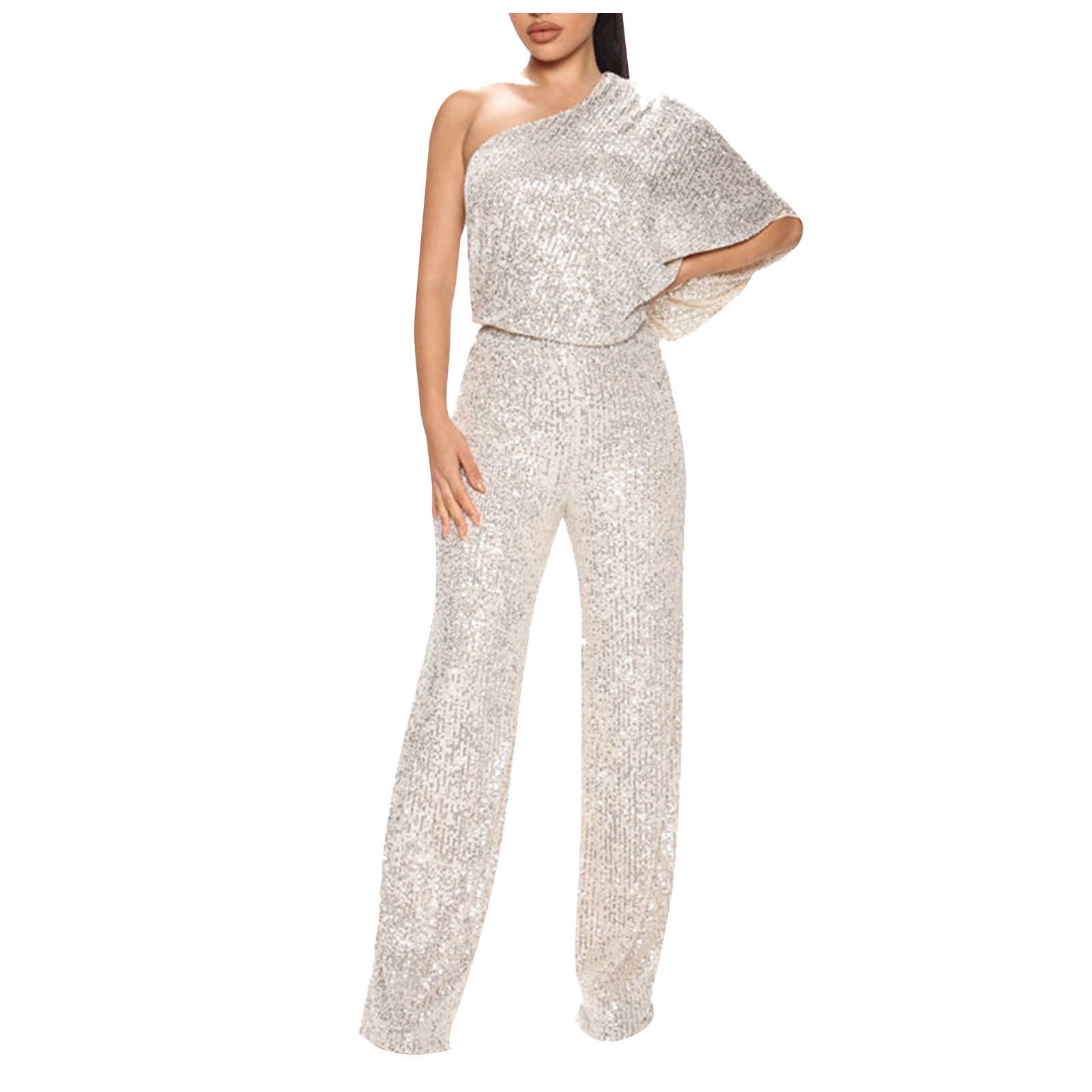 Fashion Jumpsuit for Women Sequin Sparkly One Shoulder Elastic Waist ...