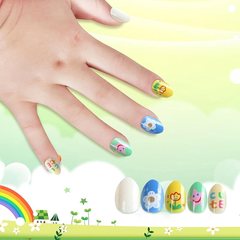 Fashion Kids Press on Nails Almond Children Fake Nails Artificial Nail ...