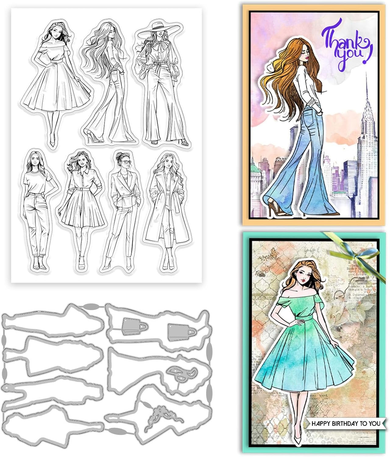 Fashion Ladies Clear Stamps Dress Frame Cutting Dies Set Silicone ...