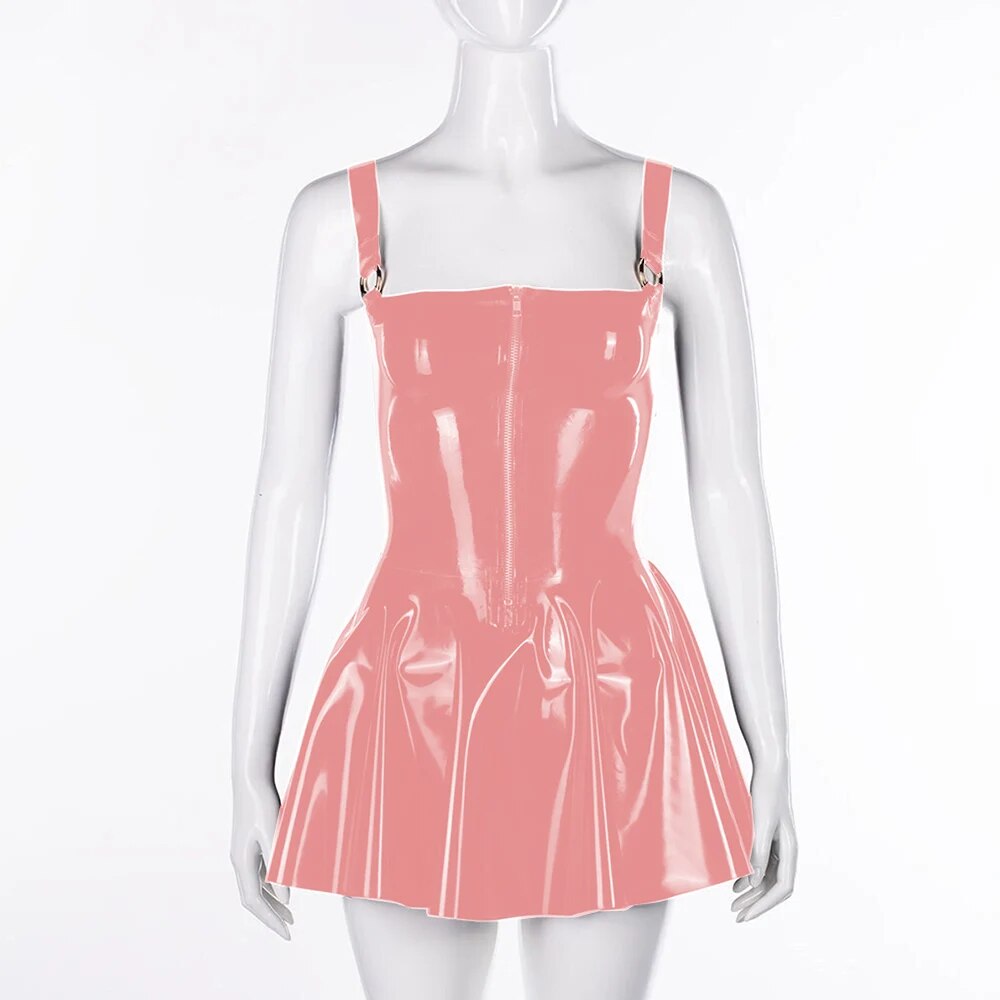 Fashion Ladies High Waist Shiny PVC Sleeveless A Line Dress Sexy ...