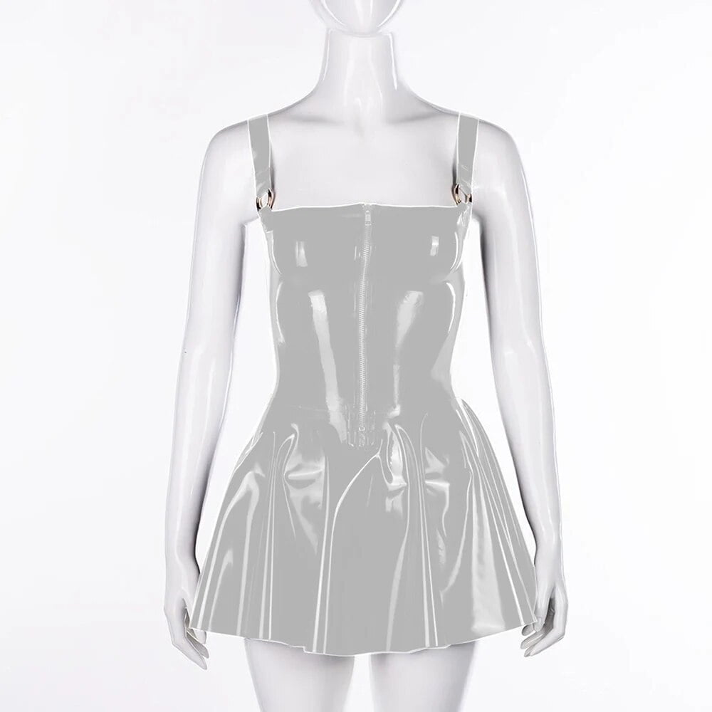 Fashion Ladies High Waist Shiny PVC Sleeveless A Line Dress Sexy ...