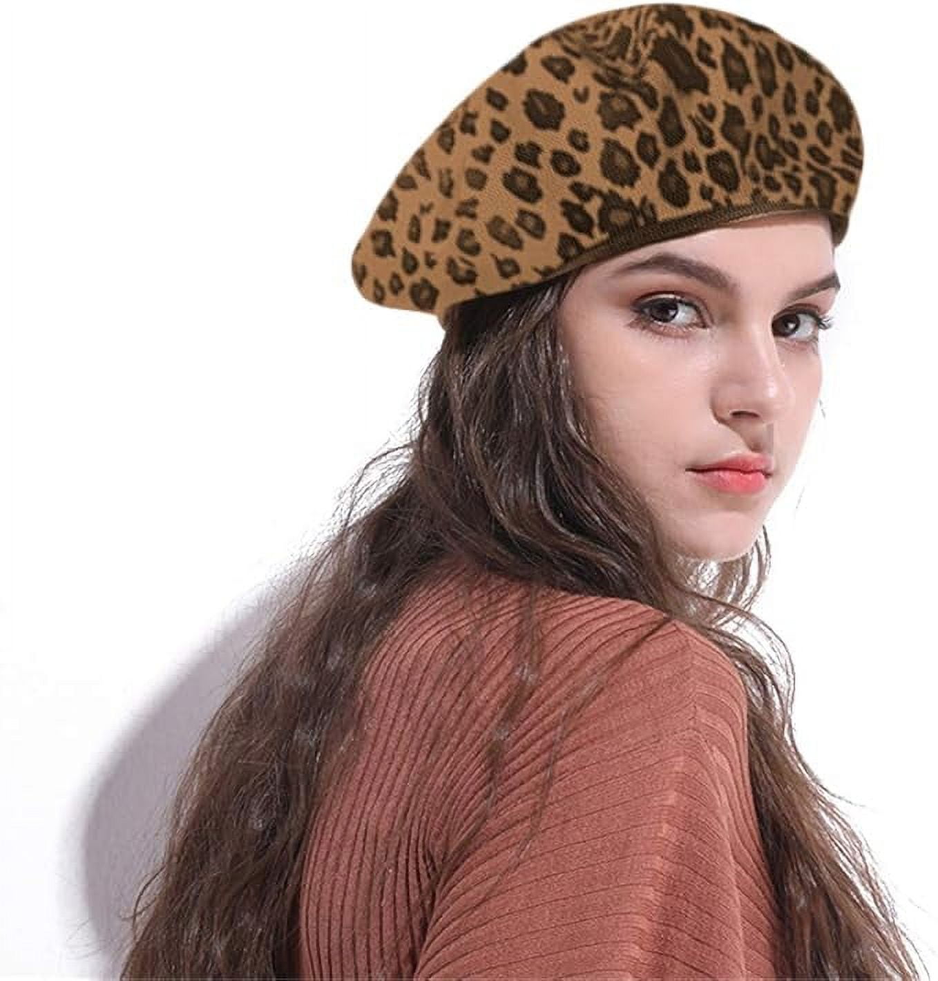 Fashion Lady Leopard Print Beret Hat, Wool Warm Plain Beanie Hat ...