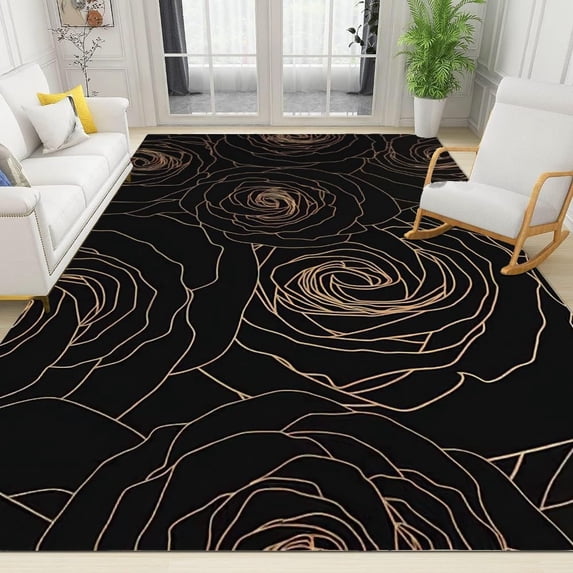 Fashion Light Luxury Simple Area Rugs, Black Gold Rose Indoor Non-Slip ...