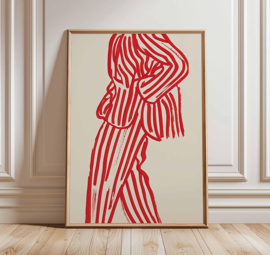 Fashion Line Art Wall Art Print, Bold Red Striped Suit Poster, Modern ...