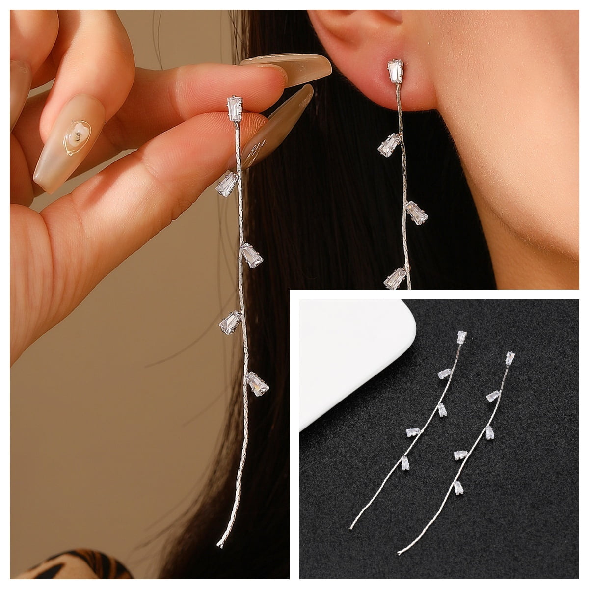 Fashion Long Crystal Linear Drop Earrings Zircon Thread Tassel Twisted ...