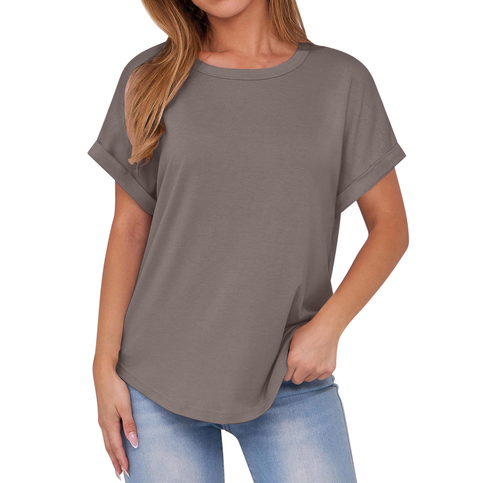 Fashion Loose Fit Top for Women Batwing Short Sleeve Round Neck Easy ...