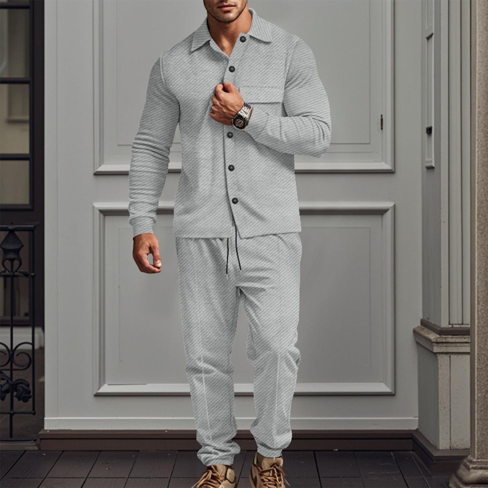 Fashion Men's Outfits 2 Piece Casual Tracksuits Long Sleeve Button Down ...
