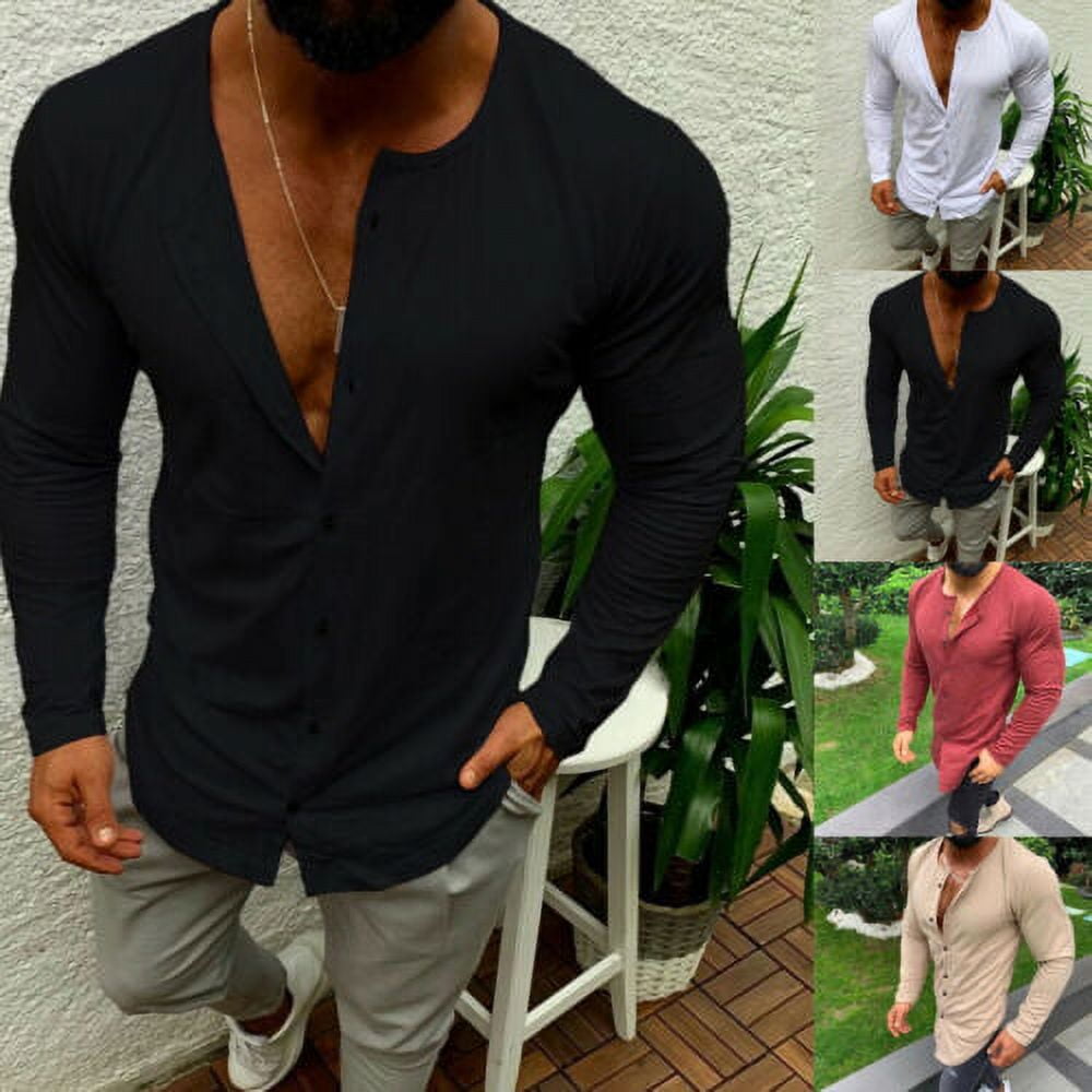Fashion Mens Slim Fit V Neck Long Sleeve Muscle Tee T Shirt Casual