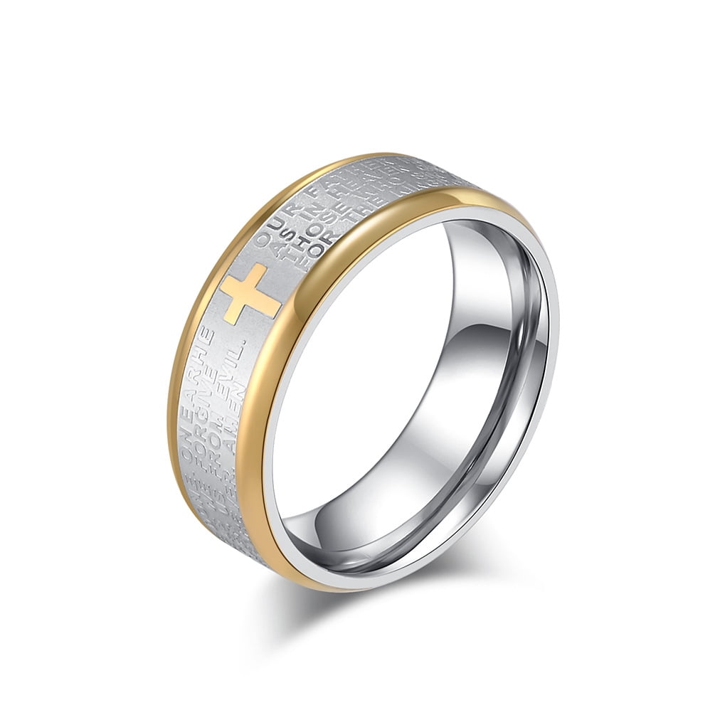 Fashion Mens 14K White Gold Ring Spanish Lord's Prayer Bible Cross 8mm ...