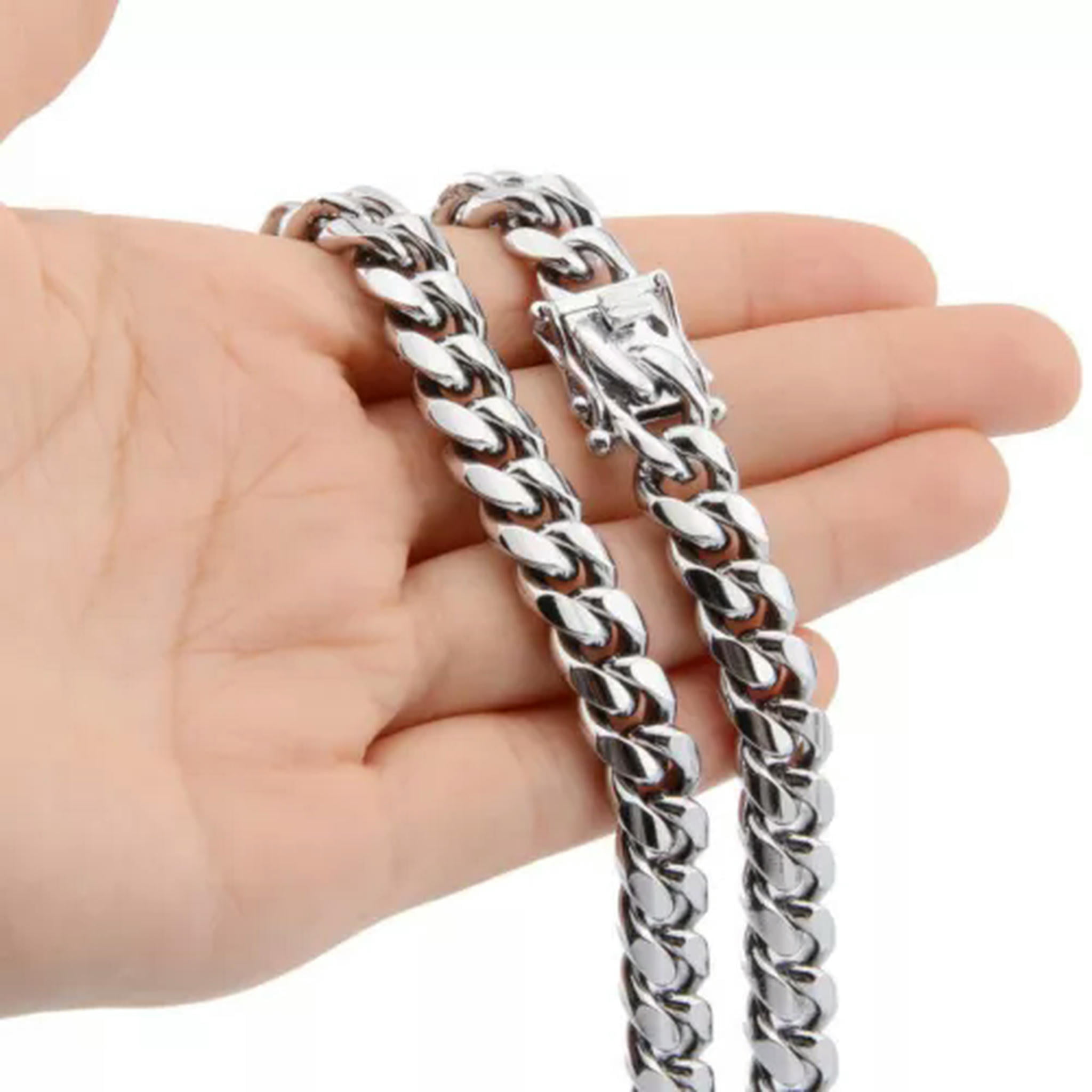 Fashion Mens Miami Cuban Link Bracelet or Chain Necklace Silver ...