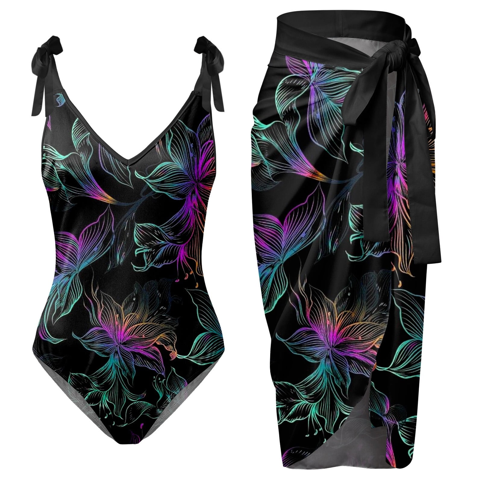 Fashion Monokini For Women Stylish V Neck Flower Printed Skirt Sets