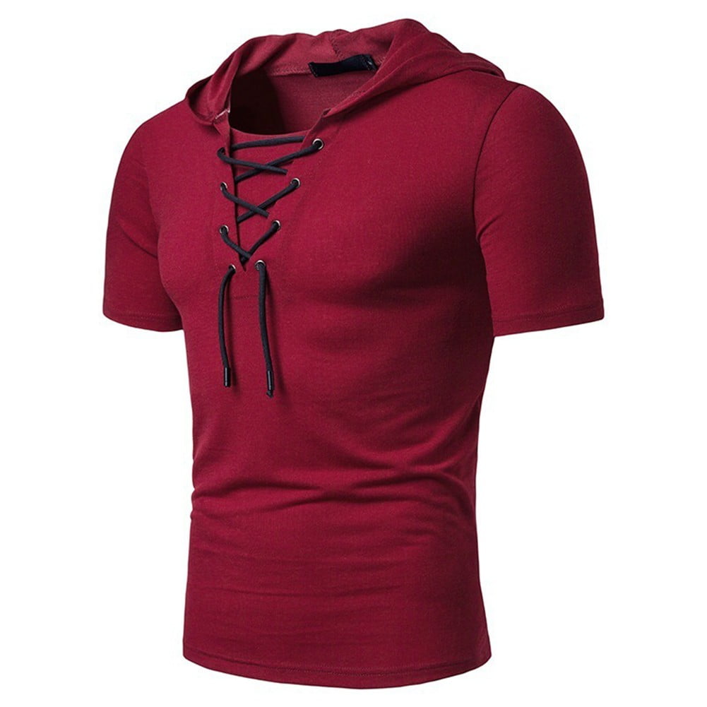 Fashion New Men Hooded Loose Tie Up Hip-Hop Casual Short Sleeved T ...