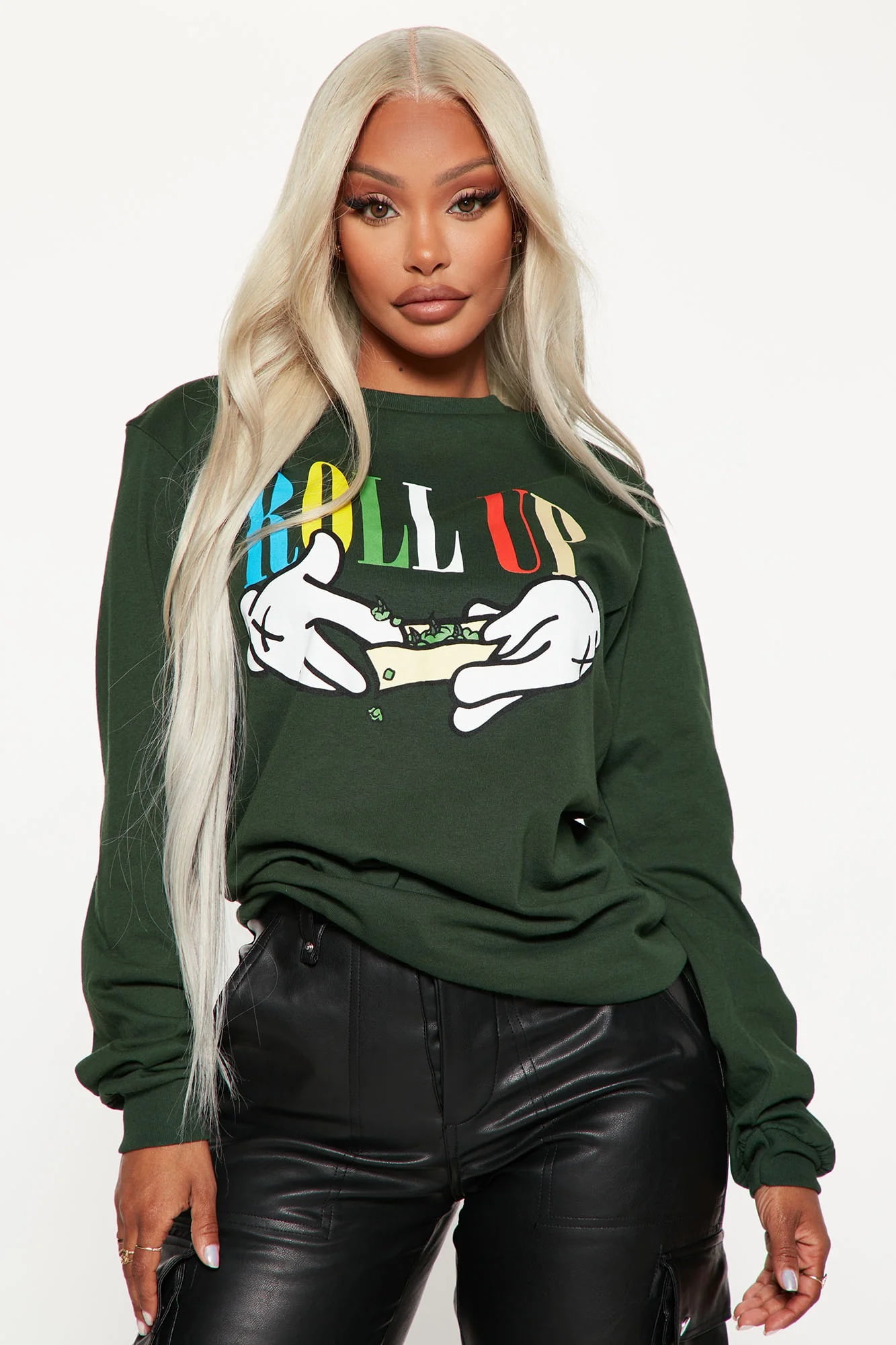 Fashion Nova Women's Roll It Up Graphic Long Sleeve Tee in Hunter Green ...