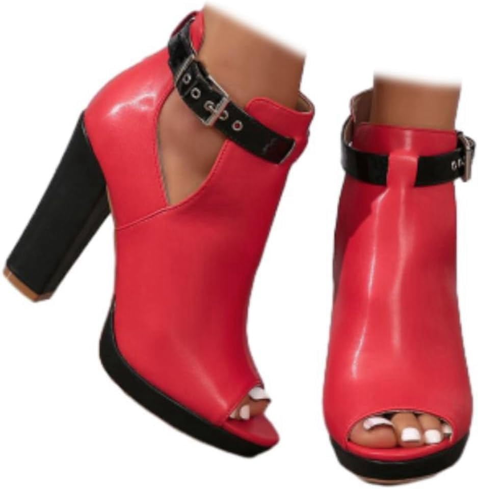 Fashion Open Peep Toe Booties for Women Cutout Side Strap Buckle Chunky ...