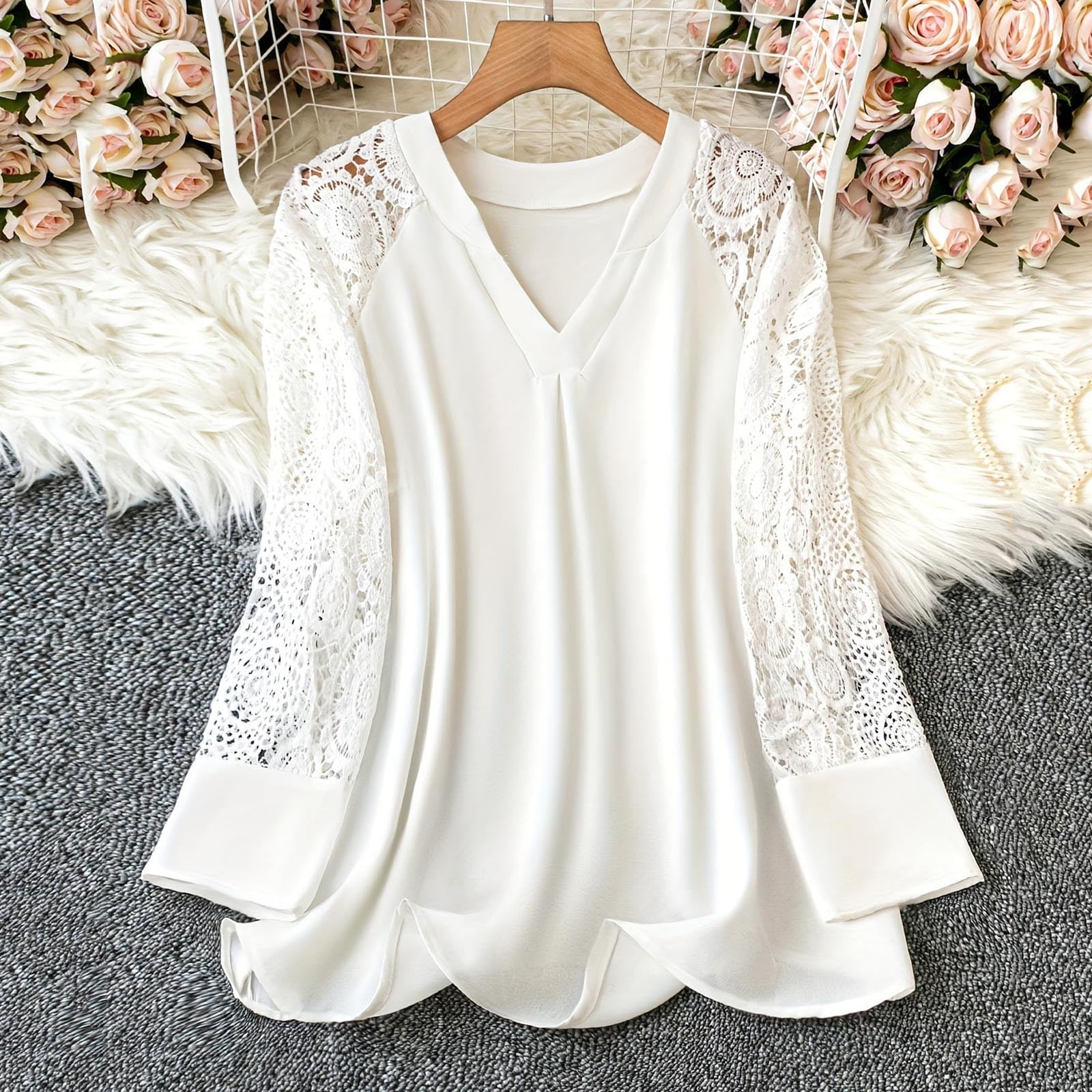 Fashion Oversize Blouses For Women Casual Solid Large Hollow Out Lace ...