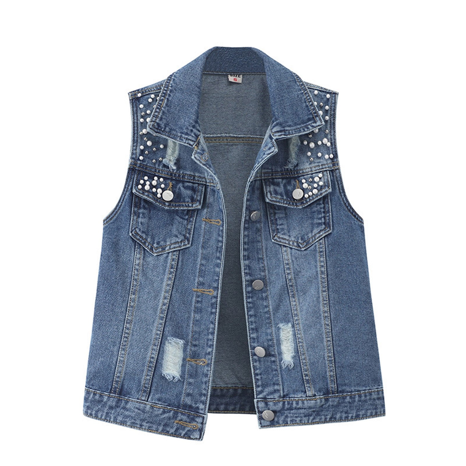 Fashion Pearl Rivet Denim Jackets For Women Plus Size Ripped Sleeveless ...