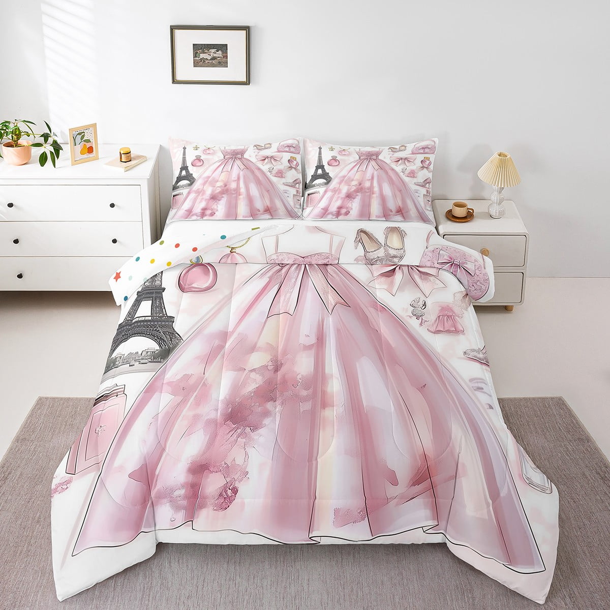Fashion Pink Bedding Girly Dress Eiffel Tower Paris Comforter Set ...