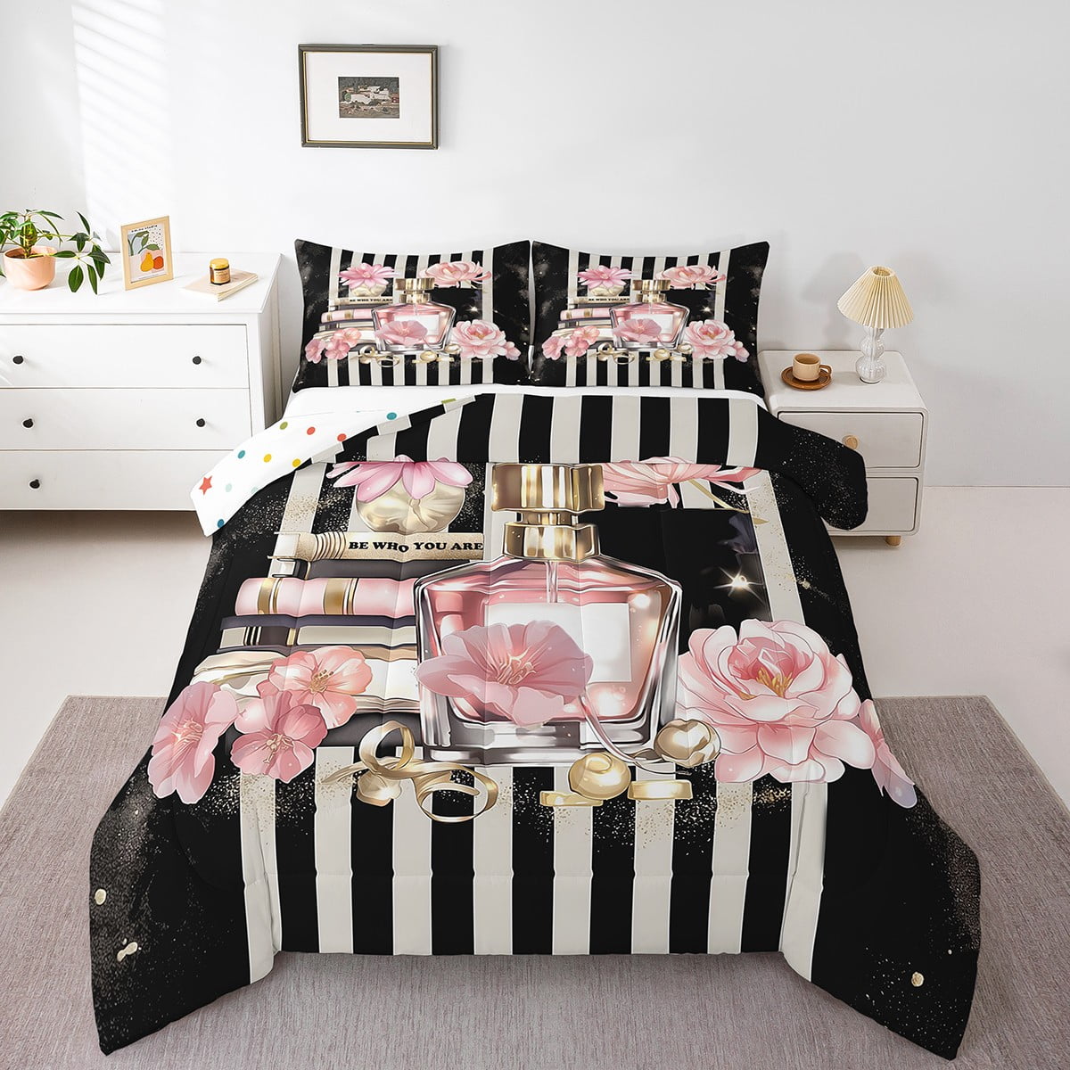 Fashion Pink Bedding King Size Modern Girly Black White Stripe ...