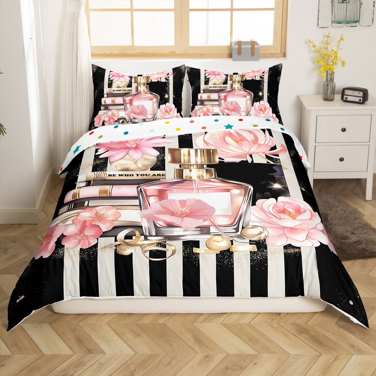 Fashion Pink Bedding Set King Size Modern Girly Black White Stripe ...