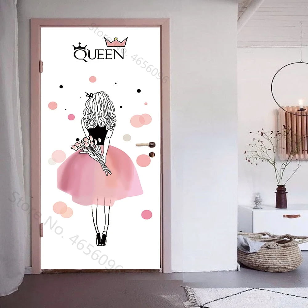 Fashion Pink Girl Door Sticker Wallpaper Self Adhesive PVC Modern Style ...