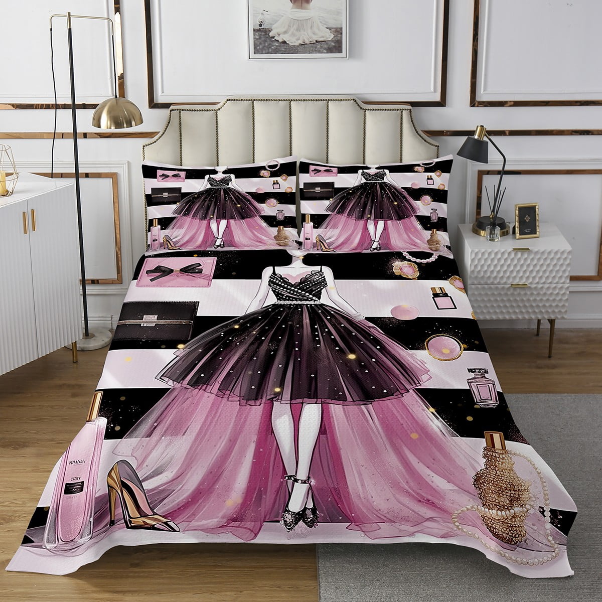 Fashion Pink Purple Dress Quilt Set Romantic Makeup Themed Bedspread ...