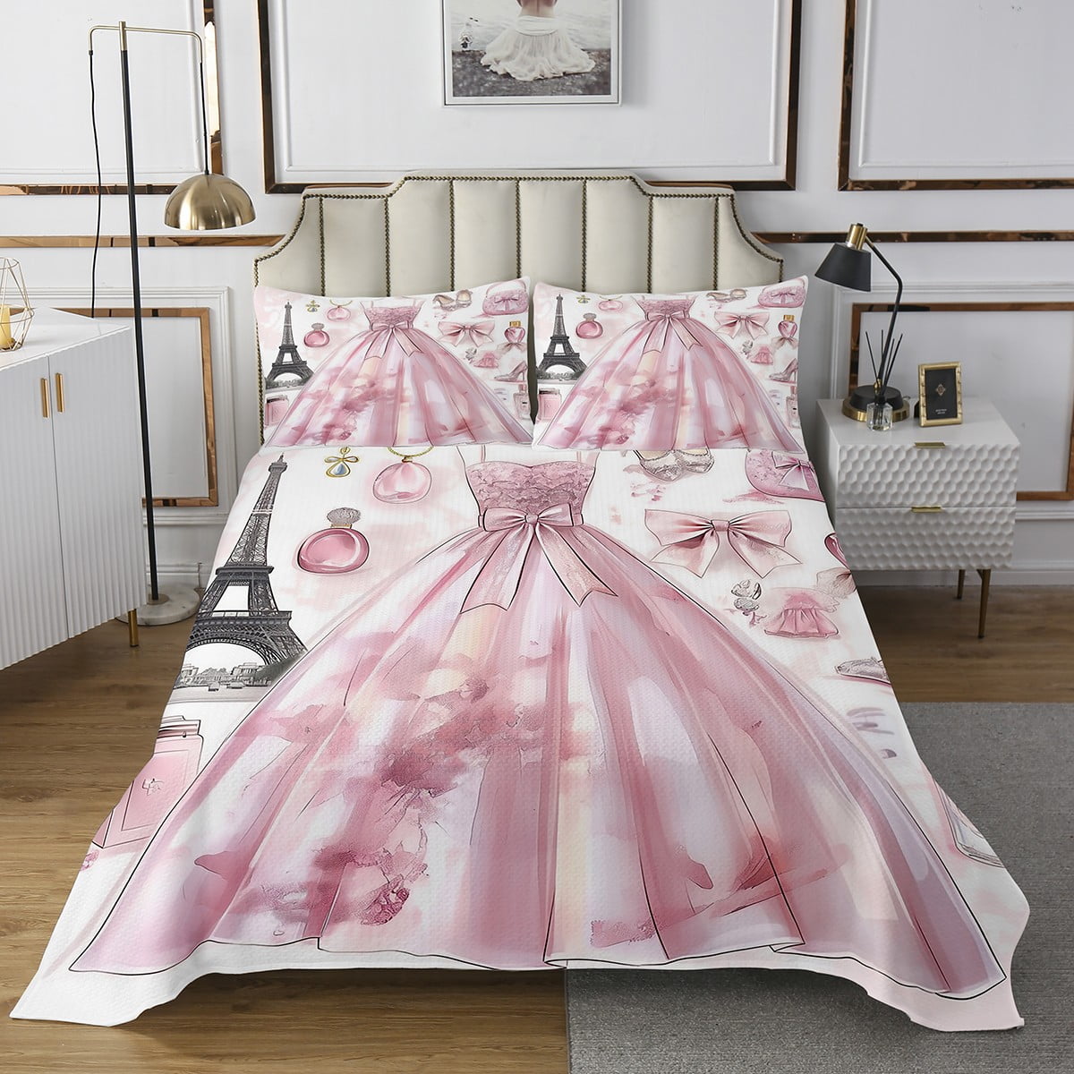Fashion Pink Quilt Set Girly Dress Eiffel Tower Paris Bedspread ...