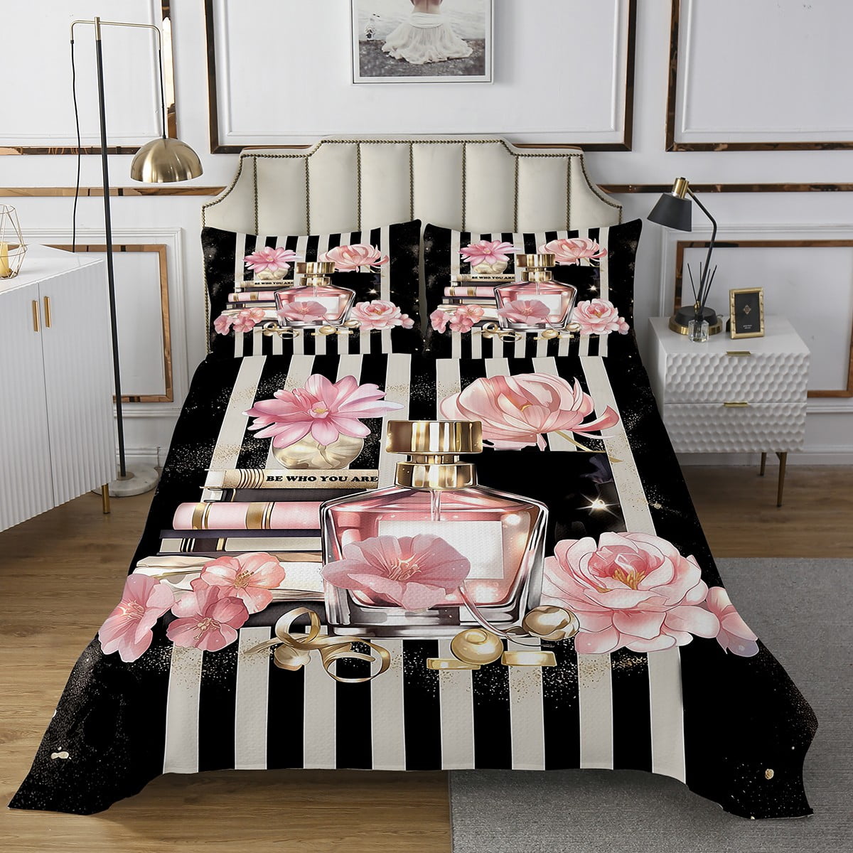 Fashion Pink Quilt Set King Size Modern Girly Black White Stripe ...