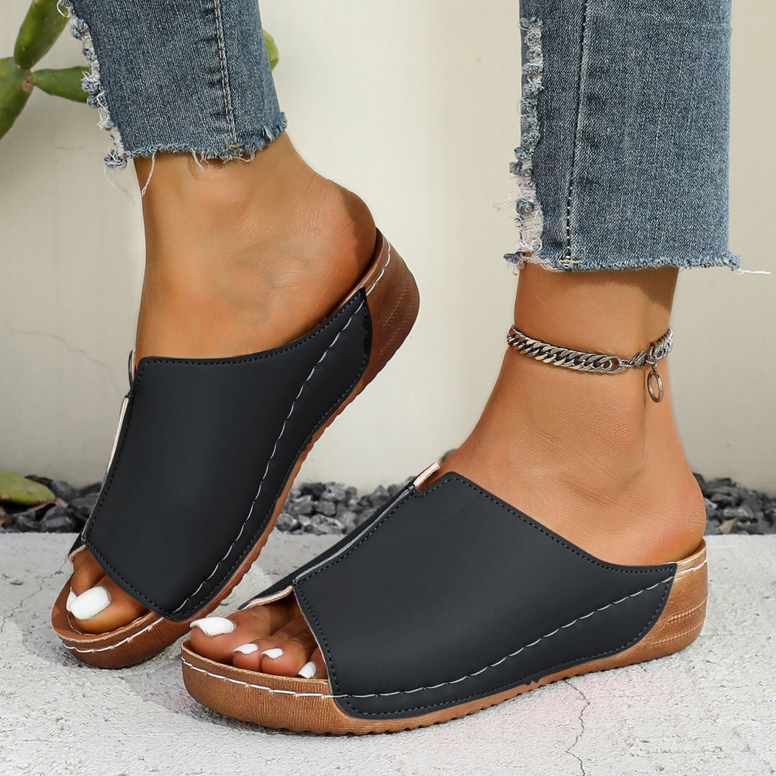 Fashion Plus Size Wedge Sandales for Womens Slip-On Casual Solid Color ...